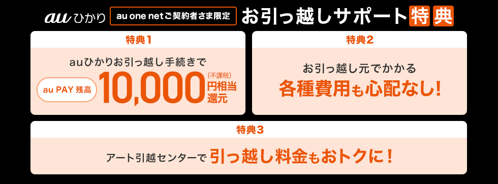 【お引っ越しサポート特典】アート引越センター×auひかり10,000円au PAYチャージ | インターネット回線 | au